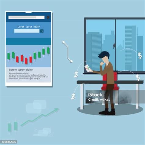 비즈니스 금융의 평면 디자인 젊은 남자는 주식을 거래하기 위해 자신의 스마트 폰과 인터넷을 사용 벡터 Brand Name Smart Phone에 대한 스톡 벡터 아트 및