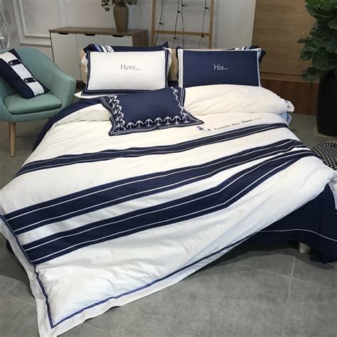Nice Blue Stripe Luxury Embroidery Royal Bedding Set King Queen