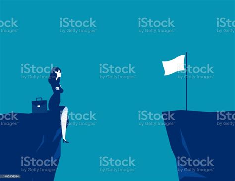 사업가는 절벽 가장자리의 결승점 깃발에 도달하는 방법을 생각합니다 비즈니스 접근성 벡터 일러스트레이션 개념에 대한 스톡 벡터