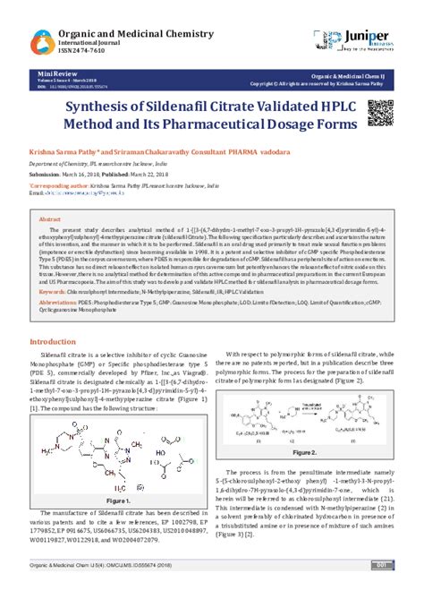 Pdf Organic And Medicinal Chemistry Synthesis Of Sildenafil Citrate Validated Hplc Method And