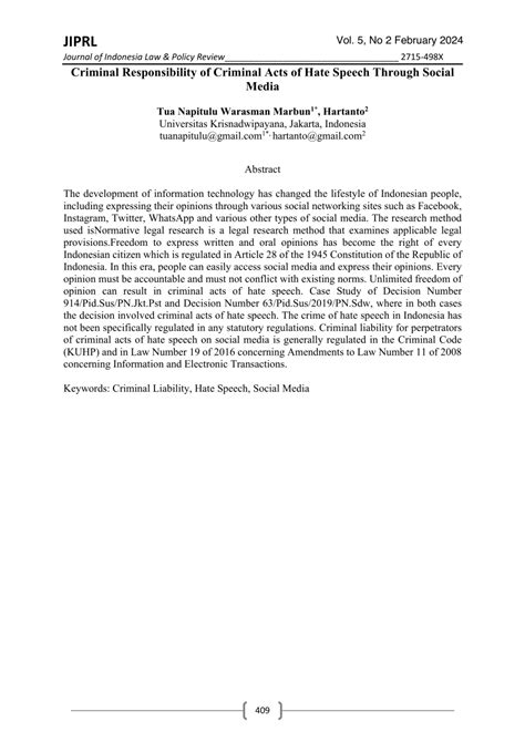 Pdf Criminal Responsibility Of Criminal Acts Of Hate Speech Through