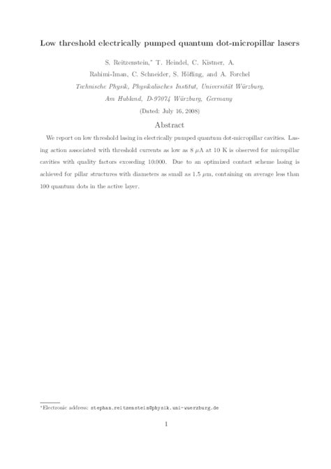 Pdf Low Threshold Electrically Pumped Quantum Dot Micropillar Lasers
