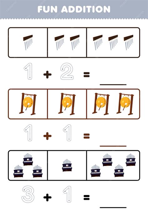 만화 차임 징 오르간 인쇄용 음악 악기 워크시트의 수를 세고 추적하여 어린이를 위한 교육 게임 재미 추가 프리미엄 벡터
