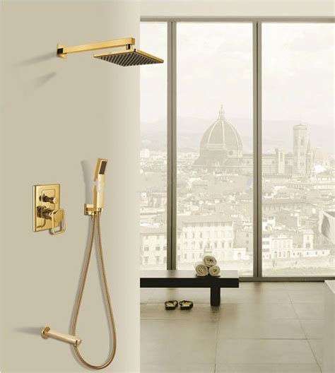 Juno Luxury Wide Golden Rain Bathroom Shower With Arm Shower Junoshowers