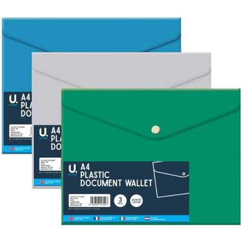U A4 Plastic Document Wallet 3pcs Assorted 340 X 320mm Uk