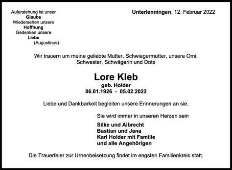Trauer Lore Kleb 12 02 2022 Teckbote Trauerportal