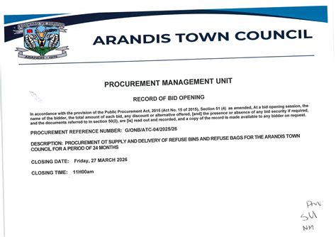 Bid Opening Procurement For The Supply And Delivery Of Refuse Bins And