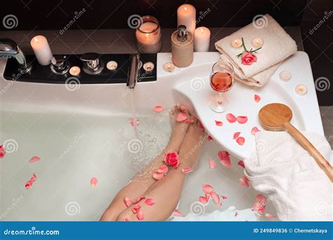 Woman Taking Bath With Rose Petals Above View Romantic Atmosphere