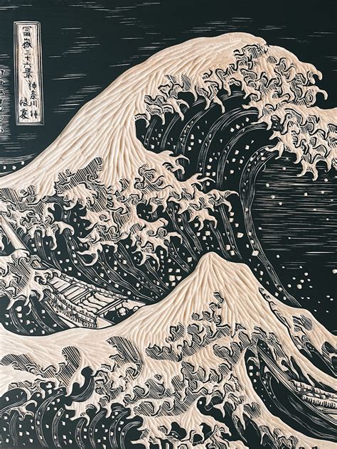 神奈川冲浪里·手工雕刻黑白木刻版画wuhaiting 站酷zcool