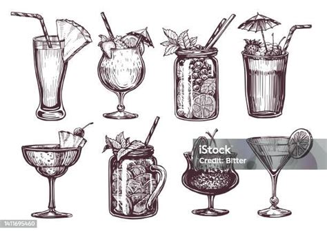 알콜 칵테일을 설정하십시오 레스토랑 또는 바 메뉴를위한 손으로 그린 스케치 스타일 음료 벡터 조각 일러스트 레이 션 칵테일에 대한 스톡 벡터 아트 및 기타 이미지 Istock