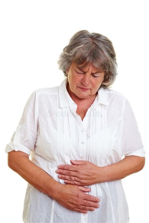 Elderly Woman With Stomach Cramps Stock Image Image Of Hands