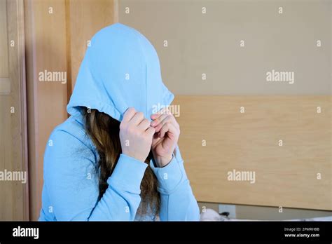 Protest Teenager Girl Teenager Put A Hood On Her Face Pull A Hood Over