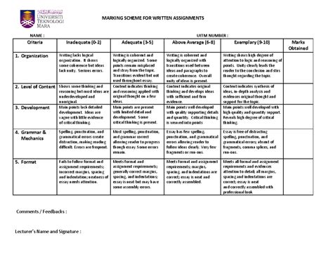 Rubric For Written Assignment Assessment Criteria Studocu