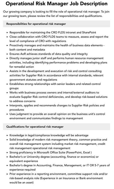 Operational Risk Manager Job Description Velvet Jobs