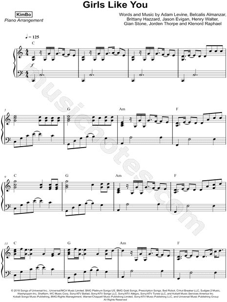 Kimbo Girls Like You Sheet Music Piano Solo In C Major Download