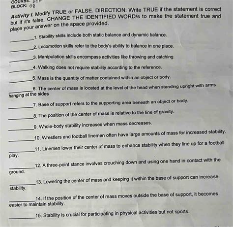 Solved COURSE BLOCK Activity I Modify TRUE Or FALSE DIRECTION Write TRUE If The Statement