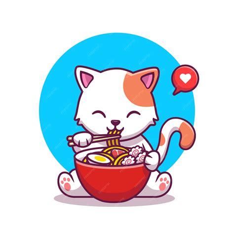 Premium Vector Cute Cat Eating Noodle With Chopstick Cartoon Icon
