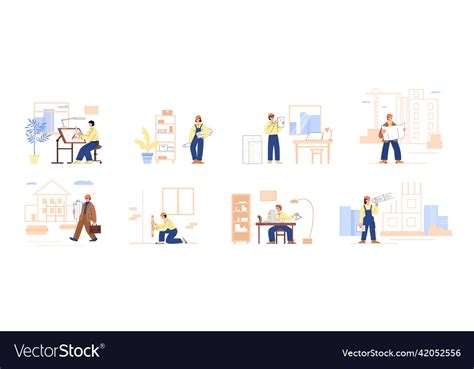Architectural Work Process From Blueprint Vector Image