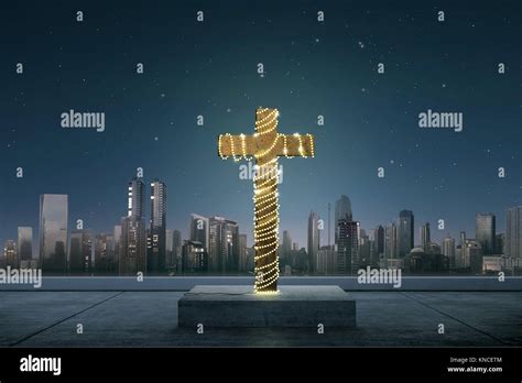 Image Of Christian Cross On The Rooftop Building With Light Bulb Stock