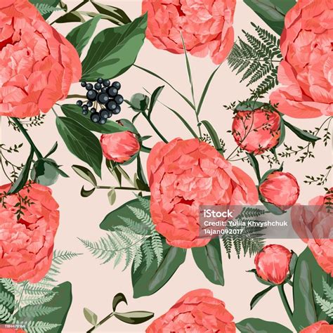 코랄 오렌지 모란과 허브가 있는 플로럴 이음새가 있는 패턴 직물 인쇄 결혼식 장식 초대장 배경 화면 포장지에 대한 봄 꽃 배경 베이지 색 배경입니다 결혼식에 대한 스톡 벡터