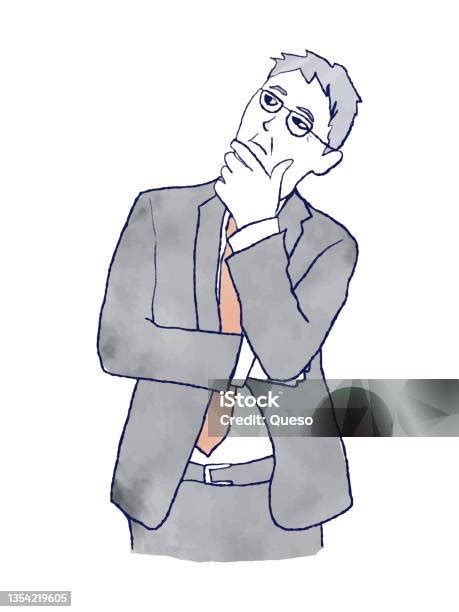 턱에 손을 얹은 노인 사업가의 수채화 손 그림 생각과 걱정의 개념 안경을 쓰고 양복을 입은 60대 남성의 상체 사색에 대한 스톡