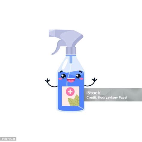 귀여운 유치한 얼굴로 쾌활한 소독제 흰색 배경에 격리된 만화 평면 벡터 그림 방부제 스프레이 항균 세정제 개인 위생 및 청소