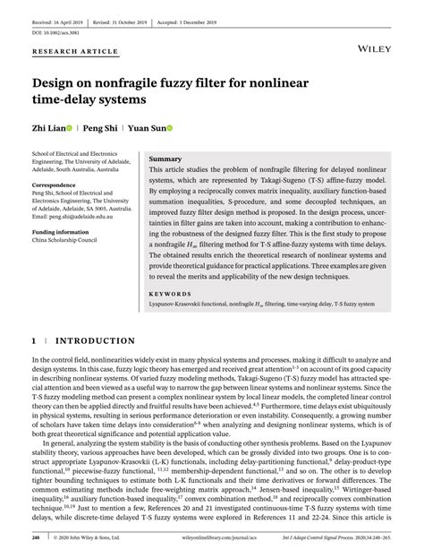 Pdf Design On Nonfragile Fuzzy Filter For Nonlinear Time‐delay Systems