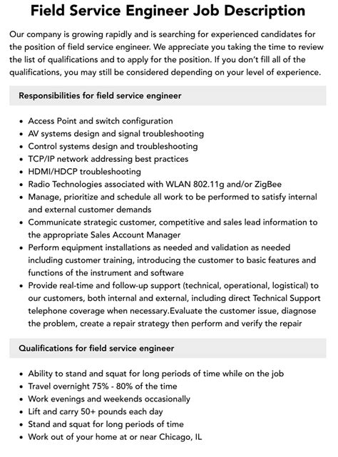 Field Service Engineer Job Description Velvet Jobs