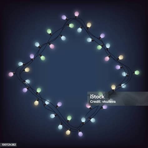 빛나는 갈 랜드 프레임 장식 빛 갈 랜드 빛나는 램프 조명 경계 상자 및 테두리 벡터 일러스트 레이 션에서 텍스트에 대 한 평방 장소 0명에 대한 스톡 벡터 아트 및 기타