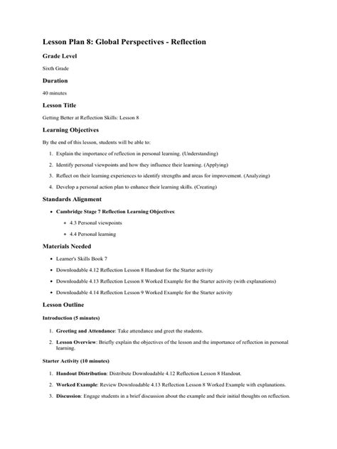 Lesson Plan 8 Global Perspectives Reflection Pdf