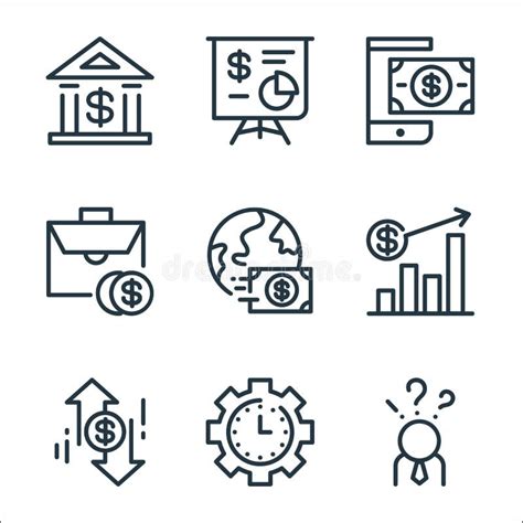 财务和业务线图标 线性集 质量矢量线集，如faq Time Management Finance Money Transport 向量例证