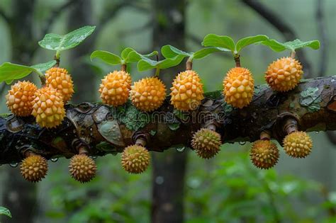 Exotic Spiky Yellow Fruits On Tree Branch In Tropical Forest Nature