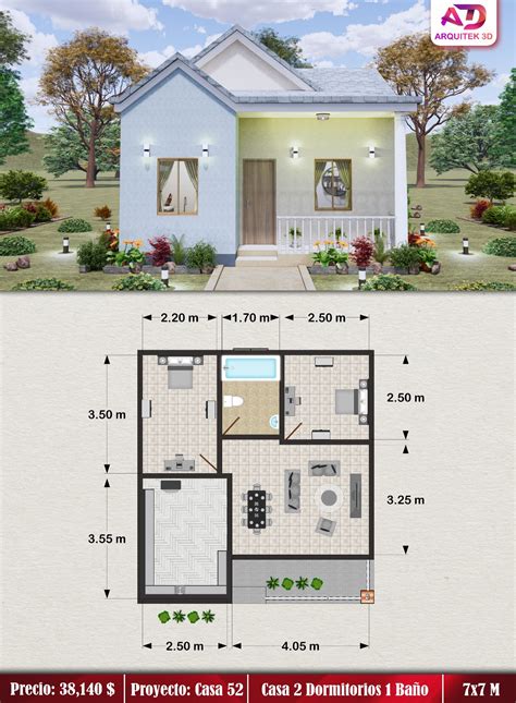 Plano De Casa 2 Habitaciones 7x7 Metros Casa 40D Arquitek3D