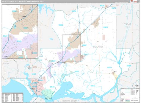 Vallejo Fairfield Ca Metro Area Zip Code Wall Map Premium Style By