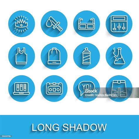 세트 라인 사운드 또는 오디오 레코더 레트로 카세트 테이프 킹 크라운 요 속어 레터링 와이드 팬츠 겨울 모자 마리화나 흡연 용 유리 봉 및 페인트 스프레이 캔 아이콘 벡터