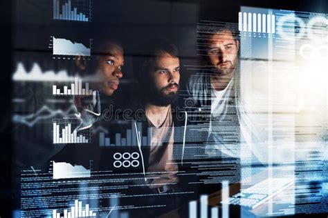 people data and night with computer on overlay for future development