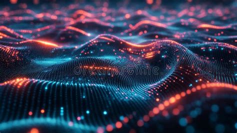 abstract wavy network with glowing red and blue particles stock