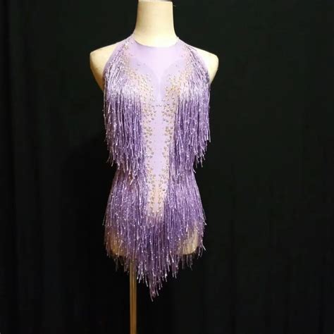 Dj Women Stage Dance Costume Purple Fringes Rhinestones Bodysuit