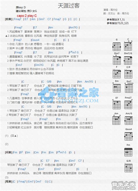 天涯过客吉他谱 周杰伦 C调吉他弹唱谱 和弦谱 琴谱网