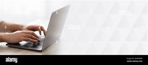 Working At Laptop Pc Man Typing Text Or Programming Code On Computer Holding Hands On Laptop