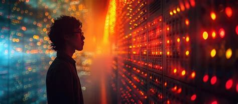 Silhouette Of A Man Looking At A Server Rack Premium Ai Generated Image
