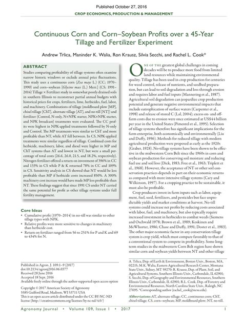PDF Continuous Corn And CornSoybean Profits Over A Year Tillage And Fertilizer Experiment