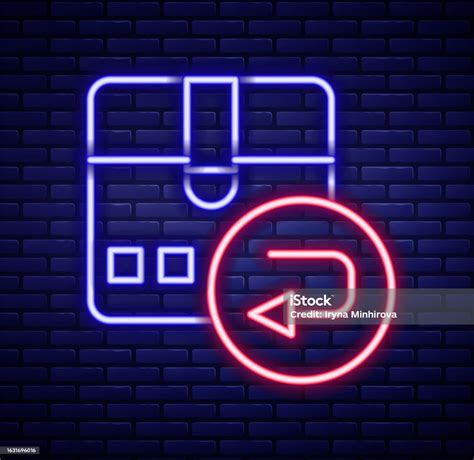 빛나는 네온 라인은 벽돌 벽 배경에 분리된 골판지 상자 아이콘을 반환합니다 상자 포장 소포 표시 배송 및 포장 다채로운 개요