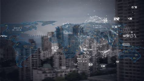 animation of shape and cityscape over world map and data processing