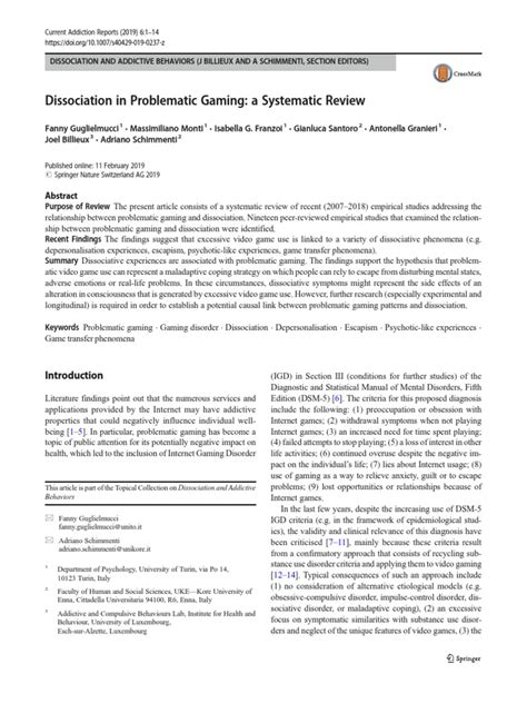 Dissociation In Problematic Gaming A Systematic Review Pdf Dissociation Psychology
