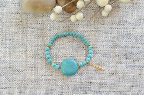 Turquoise Magnesite Coin Shape Bracelet Etsy Bracelets Turquoise