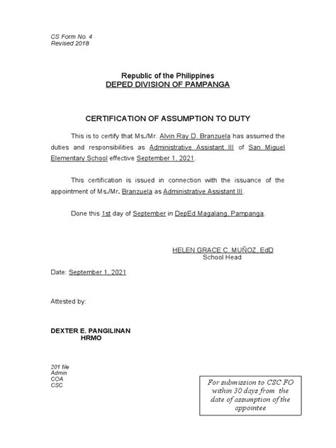 Cs Form No 4 Certification Of Assumption To Duty Pdf