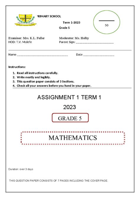 2023 Grade 5 Maths Assignment Term 1 Hibiscus Primary School Term 1