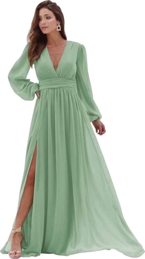 HYEC Women S Chiffon Long Sleeve Bridesmaid Dresses With Slit V Neck A Line Prom Dresses Formal