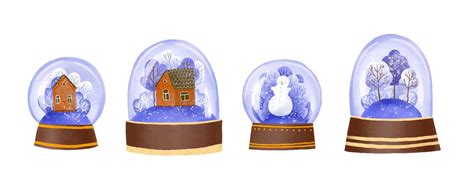 Set Of Christmas Glass Snow Globes With Landscape Snowy Forest